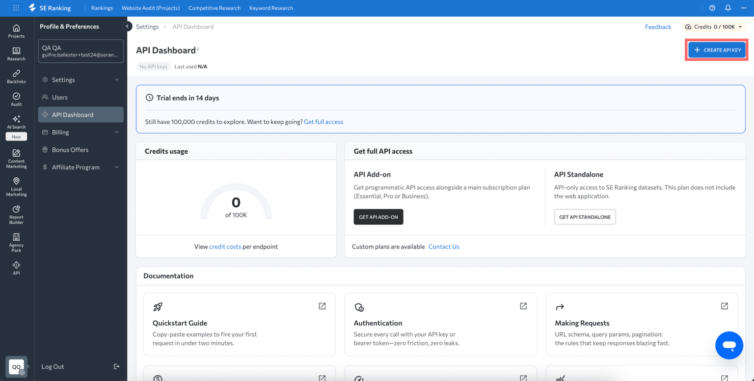 Getting API access - SE Ranking API Documentation