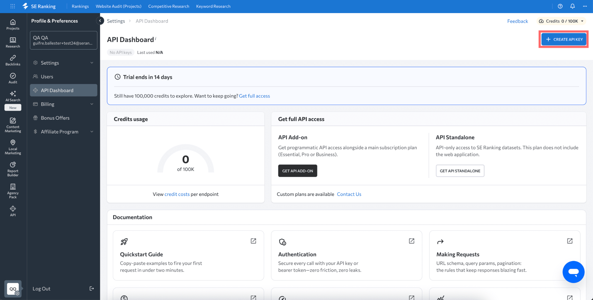 How to get API - SE Ranking API Documentation