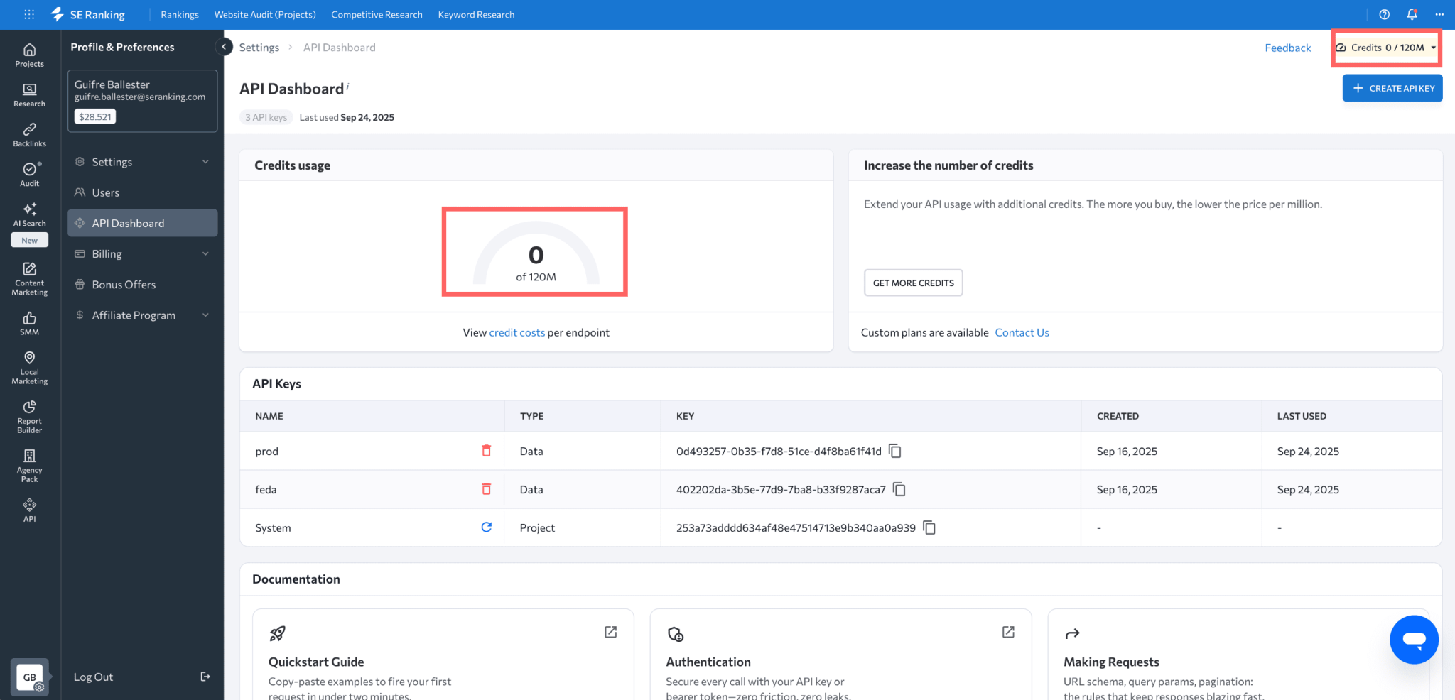 API credit system - SE Ranking API Documentation